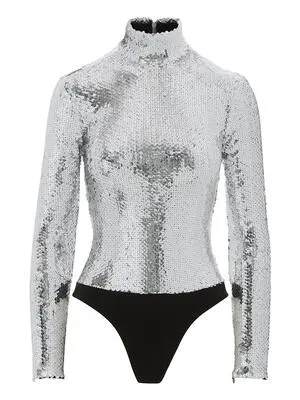 Brandon Maxwell Long Sleeve Sequin Bodysuit - Silver