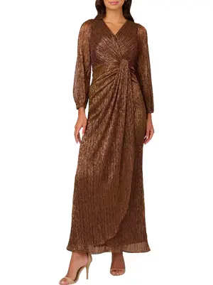 Adrianna Papell Adrianna Papell Metallic Long Sleeve Mesh Gown Copper