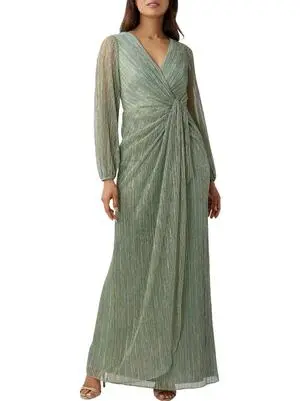 Adrianna Papell Metallic Long Sleeve Mesh Gown - Green Slate