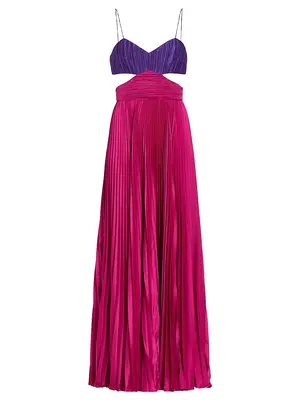 AMUR Elodie Satin Colorblock Pleated Gown Purple Fuchsia