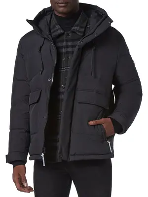 Andrew Marc Ingram Chevron Quilted Puffer With Snorkel Hood - Black