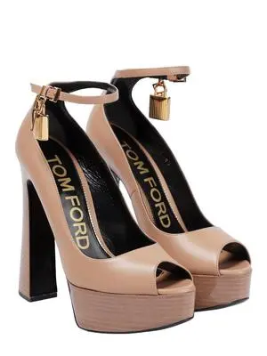 TOM FORD Padlock Platform Leather Sandals - Beige