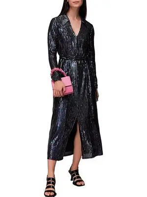 Whistles Striped Sequin Midi Dress - Black/multi