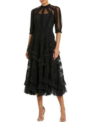 Mac Duggal High-neck Gathered Tulle Midi-dress Black