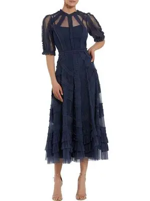 Mac Duggal High-neck Gathered Tulle Midi-dress Midnight