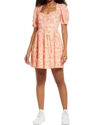 Bp. Floral Print Fit & Flare Mini Dress - Ivory- Coral Tarry Floral