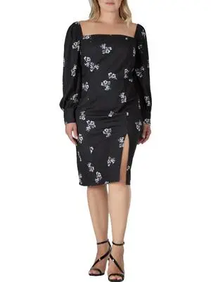 STANDARDS & PRACTICES Floral Ruched Long Sleeve Dress - Black White Sakura
