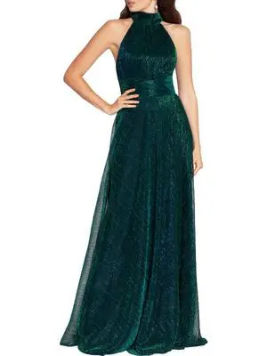 Betsy & Adam Metallic Halter Neck Gown - Jade