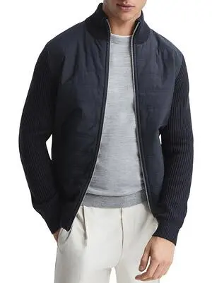 REISS Mixed Media Zip Jacket - Navy