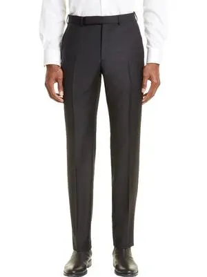Zegna Flat Front Slim Fit Wool Trousers - Blk Sld