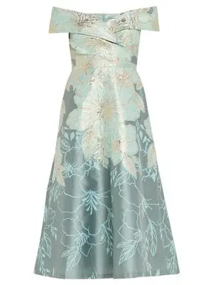 Rickie Freeman For Teri Jon Off-shoulder Floral Jacquard Midi Dress - Mint Mult