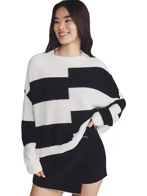 PILCRO Pilcro Alani Cashmere Mock-Neck Sweater Black/ivory Spliced Rugby