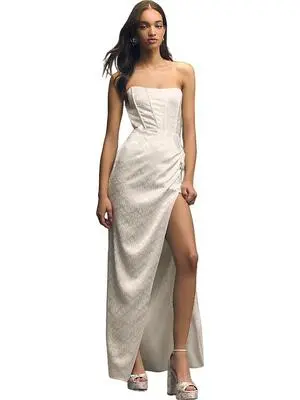 V. CHAPMAN June Corset Jacquard Front-Slit Gown Ivory