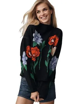 Maeve The Carys Mock-Neck Sweater Black Floral