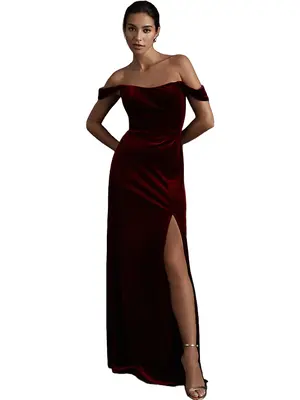 Jenny Yoo Issa Off-The-Shoulder Velvet Gown Red