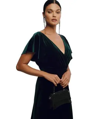 Jenny Yoo Ellis Flutter-Sleeve Open-Back Velvet Gown Dark Emerald