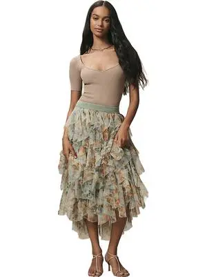 Anthropologie Chéri Ruffled Tulle Midi Skirt Grey