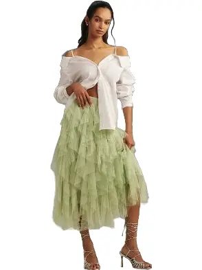 Anthropologie Chéri Ruffled Tulle Midi Skirt Mint