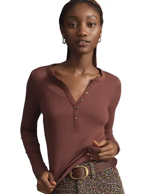 PILCRO Pilcro The Andie Ribbed Henley Top Brown