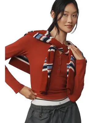 PILCRO Andie Ribbed Henley Top - Wine