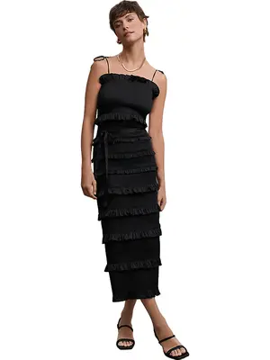 V. CHAPMAN Lily Ruched & Ruffled Stretch Satin Midi Dress - Black