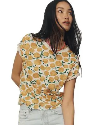 Maeve Seahorse Embroidered Cotton Boxy Tee - Orange Pattern
