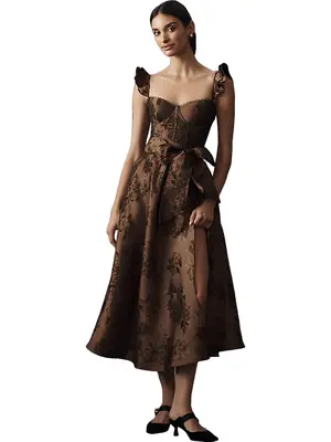 V. CHAPMAN V. Chapman Vera Ruffle-Strap Corset Midi Dress Brown