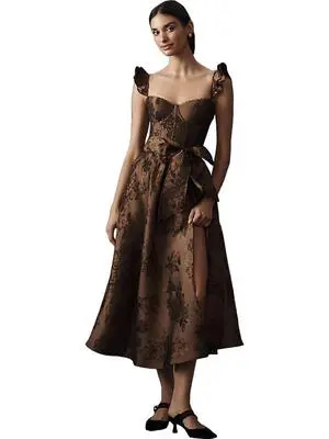 V. CHAPMAN Vera Ruffle-strap Corset Midi Dress - Cocoa Brocade