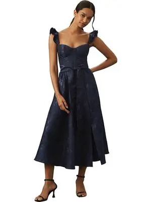V. CHAPMAN Vera Ruffle-strap Corset Midi Dress - Navy Baroque Floral