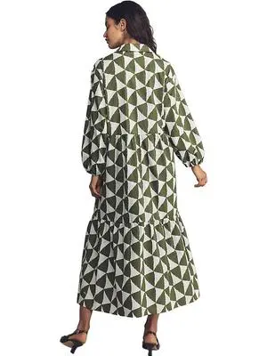 Maeve Tiered Shirt Dress Green & White Traingles