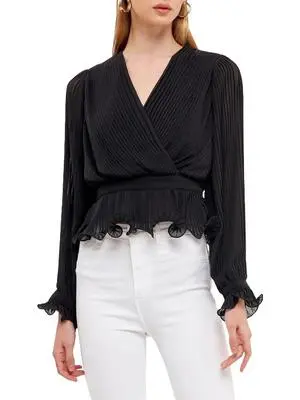 Endless Rose Surplice Pleated Blouse - Black