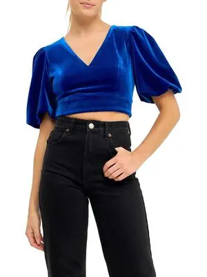 Endless Rose Puff Sleeve Velvet Crop Top - Cobalt Blue