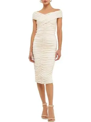 Endless Rose Off-the-shoulder Ruched Midi Dress - Cream