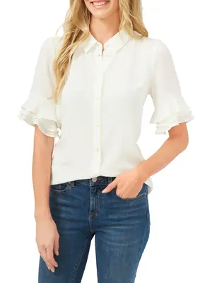 CECE DUPRAZ Ruffle Sleeve Crepe Button-Up Shirt Soft Ecru