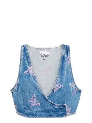 GANNI Embroidered Denim Crop Top - Blue