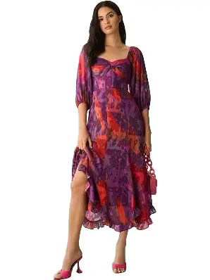 HUTCH Printed Twist-Front Puff-Sleeve Ruffle-Hem Dress Purple