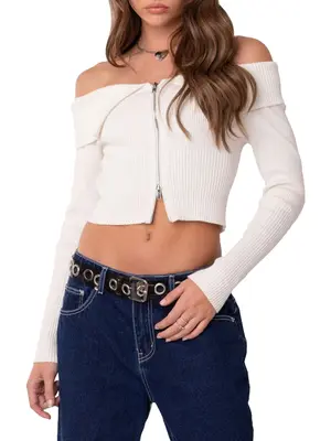 EDIKTED EDIKTED Double Zip Off The Shoulder Crop Sweater Cream