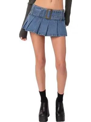 EDIKTED EDIKTED Belted Pleated Low Rise Denim Microminiskirt