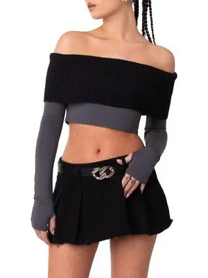 EDIKTED Alma Off-the-shoulder Mixed Media Crop Top - Gray