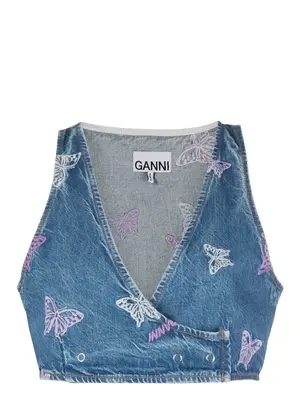 GANNI Embroidered Denim Crop Top - Blue