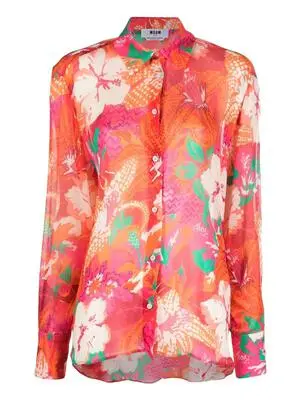 MSGM Floral-print Crepe Shirt - Orange