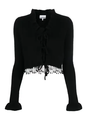 GANNI Beaded Fringe Knitted Cardigan - Black
