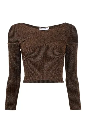 SELF-PORTRAIT Off-shoulder Metallic Knitted Top - Brown