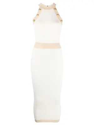 Balmain Button-detailed Knitted Halterneck Dress - Neutrals