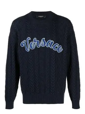 Versace Logo Appliqué Cable-knit Jumper - Blue