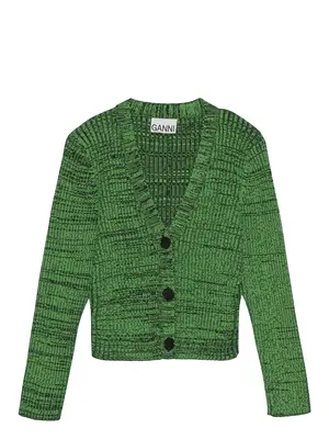 GANNI Cropped Melange Knit Cardigan - Green