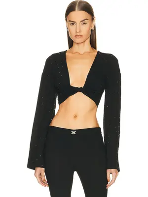 Blumarine Long Sleeve Hot Fix Crop Top - Nero