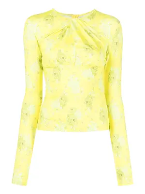 Rokh Twist-detail Rose-print Top - Yellow