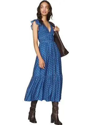 Anthropologie Peregrine Midi Dress With Cap Sleeves And Floral Print - Blue Pattern
