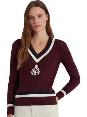 Ralph Lauren Cable-Knit Cotton Cricket Sweater Burgundy/navy./cream